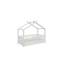 Vitalispa Kinderbett Design Hausbett Zaun Kinder Bett Holz Haus Weiß 70x140cm