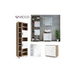 VICCO Badm&ouml;bel Set ILIAS Wei&szlig; Eiche Bad Spiegel Kommode Unterschrank Badschrank