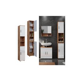 VICCO Hochschrank Badschrank Badezimmerm&ouml;bel Irma Eiche Wei&szlig; Hochglanz modern 30x192 cm Badkommode Badezimmer Schrank Badm&ouml;bel 2 T&uuml;ren 6 F&auml;cher