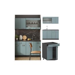 VICCO K&uuml;chenzeile R-Line Solid Anthrazit Blau Grau 140 cm modern K&uuml;chenschr&auml;nke K&uuml;chenm&ouml;bel
