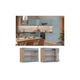 VICCO Glash&auml;ngeschrank K&uuml;chenschrank R-Line Solid Eiche Blau Grau 80 cm modern