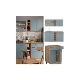 VICCO K&uuml;chenzeile R-Line Solid Eiche Blau Grau 160 cm modern K&uuml;chenschr&auml;nke K&uuml;chenm&ouml;bel