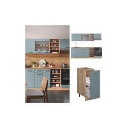 VICCO K&uuml;chenzeile R-Line Solid Eiche Blau Grau 240 cm modern K&uuml;chenschr&auml;nke K&uuml;chenm&ouml;bel
