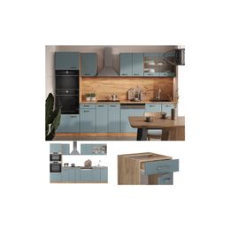 VICCO K&uuml;chenzeile R-Line Solid Eiche Blau Grau 300 cm modern K&uuml;chenschr&auml;nke K&uuml;chenm&ouml;bel