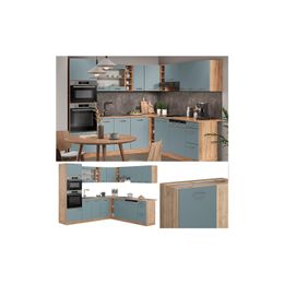 VICCO Eckk&uuml;che R-Line Solid Eiche Blau Grau 247x237 cm modern K&uuml;chenschr&auml;nke K&uuml;chenm&ouml;bel