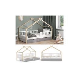 VICCO VitaliSpa Kinderbett Hausbett Einzelbett Design Weiß Grau Natur modern 90x200 cm Kinderzimmer Bett Massivholz Lattenrost Schublade Rausfallschutz Schubladenbett