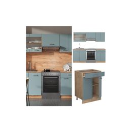 VICCO K&uuml;chenzeile R-Line Solid Eiche Blau Grau 200 cm modern K&uuml;chenschr&auml;nke K&uuml;chenm&ouml;bel