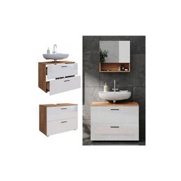 VICCO Waschtischunterschrank Waschbeckenunterschrank Irma Eiche Wei&szlig; Hochglanz modern 80x59 cm Badezimmer Schrank Badschrank Badkommode Badm&ouml;bel 2 Schubladen