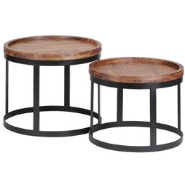 KADIMA DESIGN Beistelltisch-Set INDI: 2er Set, runde Tischplatten, Metallgestell, Massivholz, naturbelassen
