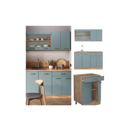VICCO K&uuml;chenzeile R-Line Solid Eiche Blau Grau 140 cm modern K&uuml;chenschr&auml;nke K&uuml;chenm&ouml;bel