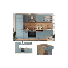 VICCO K&uuml;chenzeile R-Line Solid Eiche Blau Grau 300 cm modern K&uuml;chenschr&auml;nke K&uuml;chenm&ouml;bel