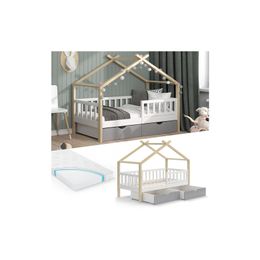 VICCO VitaliSpa Kinderbett Hausbett Einzelbett Design Weiß Grau Natur modern 80x160 cm Kinderzimmer Bett Massivholz Lattenrost Schublade Rausfallschutz Schubladenbett Matratze