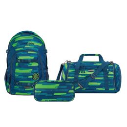 Coocazoo Schulranzen Schulrucksack-Set JOKER Lime Stripe 3-teilig (Rucksack