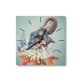 DEQORI Wanduhr 'Blüten umrahmen Elefant' (Glas Glasuhr modern Wand Uhr Design Küchenuhr)