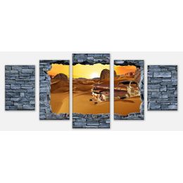 wandmotiv24 Mehrteilige Bilder 3D Altes Auto in der Wüste- grobe Steinmauer