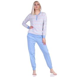 Normann Pyjama Damen Schlafanzug langarm Pyjama mit Bündchen in pastellfarbenen Look