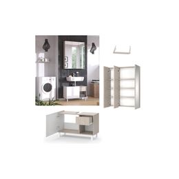 VICCO Badmöbel-Set Arianna Greige Weiß, modernes Design, Badezimmer Spiegelschrank Waschtischunterschrank Wandregal