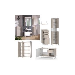 VICCO Badmöbel-Set Arianna Greige Weiß, modernes Design, Badezimmer Spiegelschrank Waschtischunterschrank Wandregal Midischrank Hochschrank