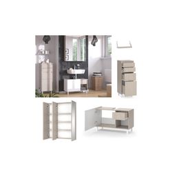 VICCO Badmöbel-Set Arianna Greige Weiß, modernes Design, Badezimmer Spiegelschrank Waschtischunterschrank Wandregal Midischrank