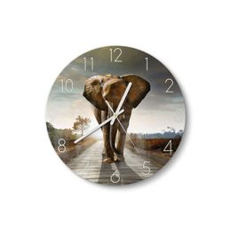 DEQORI Wanduhr 'Elefant auf Asphalt' (Glas Glasuhr modern Wand Uhr Design Küchenuhr)