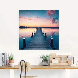 Glasbild Artland "Langer Pier am See im Sonnenaufgang" Bilder Gr. B/H: 80 cm x 60 cm, Gewässer, 1 St., blau Glasbilder