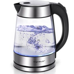 Edelstahl Glaswasserkocher mit led Beleuchtung, Glas Wasserkocher Verdicktes Borosilikatglas 1,7 Liter, 2200 Watt, Kalkfilter, Auto-off