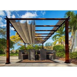 Almuiminium Pergola Florenz Pavillon mit ausziehbarem Sonnensegel holzoptik cocoa 350 x 505 x 236 cm (l x b x h) - PARAGON OUTDOOR