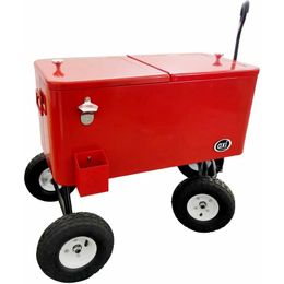 Retro Getränkekühler Rot Bollerwagen / Kühlwagen / Kühler mit Rollen - 76 liter Fahrbare Kühlbox für den Garten / Outdoor - Rot - AXI