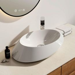 Oval Waschbecken Aufsatzwaschbecken Waschbecken Keramikwaschbecken Waschtisch Waschschale Weiß 60 x 45 x 14.5 cm - Emke