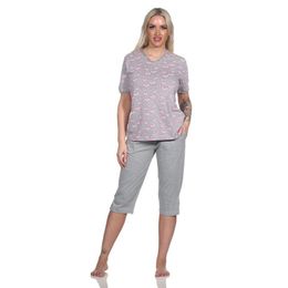 Normann Pyjama Damen Kurzarm Schlafanzug mit Caprihose in Herz Motiv Optik