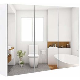 Goplus - Spiegelschrank 3 Tuerig, Badezimmerschrank aus Holz, Haengeschrank Badezimmer, Wandschrank mit Spiegel, Badezimmerspiegelschrank Weiss