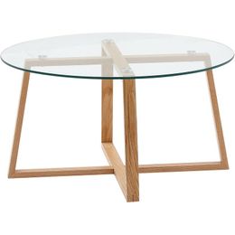 FineBuy - Couchtisch Eiche Massivholz / Glas Sofatisch Rund Wohnzimmertisch, Design Stubentisch Modern, Holztisch Kaffeetisch, Tisch Wohnzimmer