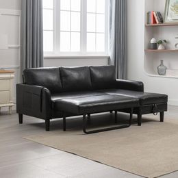Elbs - Ecksofa 3-Sitzer L-Form sofa mit 3 Dekokissen, Schlaffunktion und Stauraum, aus Kunstleder, Schwarz - Schwarz