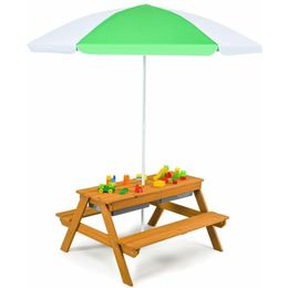 Kindersitzgruppe mit Sonnenschirm, 3 in 1 Kinder Picknicktisch mit Abnehmbarer Tischplatte & 2 Aufbewahrungsboxen & Bänke, Kindersitzgarnitur aus