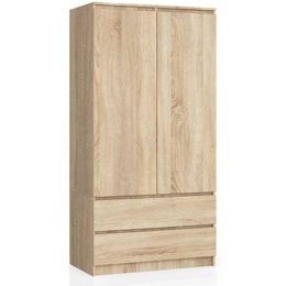 Zweitüriger Kleiderschrank s 90 cm 2 Schubladen mit Regalen und einer Kleiderstange für ein Schlafzimmer Kleiderschränke Minimalistischer Stil