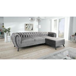 Edles Chesterfield Ecksofa Velours grau Couch Polstersofa Wohnlandschaft Sofa