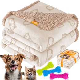 Wasserdichte Hundedecke Sherpa Fleece Haustier Decke + 3x Spielzeugknochen maschinenwaschbar beidseitiger Sofabezug-Schutz Beige / xl (152 x 127 cm)