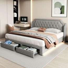 Gepolstertes Doppelbett mit Lattenrost und Kopfteil mit 2 Schubladen, LED-Bett, Jugendbett, Leinen, 180x200cm, grau