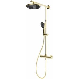 Schulte - Duschsystem Duschmaster Rain mit Sicherheits-Thermostat, Kopfbrause rund extra-flach, mit Handbrause, Farbe: Goldoptik
