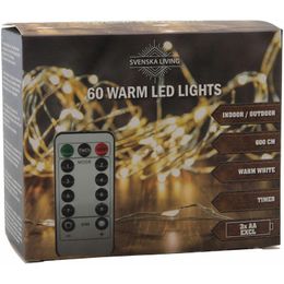 Außen Draht Lichterkette warm weiß - 60 led / 600 cm - Leuchtdraht mit Timer und Dimmer Funktion Fernbedienung Batterie betrieben