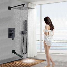 Duschsystem Unterputz Duscharmatur Set Schwarz 16 Zoll Regendusche Duschset mit Kopfbrause Handbrause 3 Funktionen für Badewannen