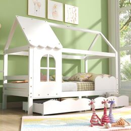 Hausbett 90x200cm Kinderbett mit 2 Schubladenn, Rausfallschutz und Lattenrost, Hausbett Kiefernholz Jugendbett Weiß - Weiß