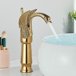 Wasserhahn Bad - Waschtischarmaturen Retro Golden Einhebel Hoch Badarmatur, Kaltes Und Heißes Wasser Vorhanden, Kreative Messing Einloch Waschbecken