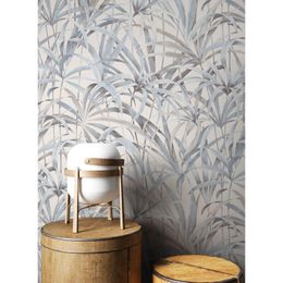 Tapete Grau Vliestapete Dschungel - Dschungeltapete Tropisch Blau Creme Palmen Blätter Floral - Milton Muster 1 - Newroom