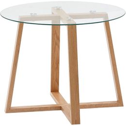 FineBuy - Couchtisch Eiche Massivholz / Glas Sofatisch Rund Wohnzimmertisch, Design Stubentisch Modern, Holztisch Kaffeetisch, Tisch Wohnzimmer