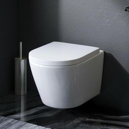 Spülrandloses wc mit Softclose Toilettensitz, Toilette für Gäste-WC, Hänge-WC CNA1700SC Flash FlashClean aus Keramik, Wand-WC 390mm kurz, Weiß - Weiß