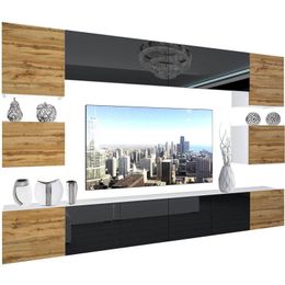 Wohnwand Vollausstattung Wohnzimmer-Set Moderne Schrankwand mit LED-Beleuchtung Anbauwand TV-Schrank Wotan Eiche/Schwarz - Belini