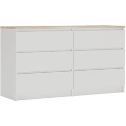 3xe Living - Kommode mit 6 Schubladen, Farbe: weiss / eiche top, a: 140 x 79 x 39 cm, Sideboard Wohnzimmer - weiss / eiche top