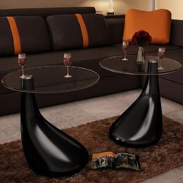 Bonnevie - 2 Stk. Couchtische mit runder - Beistelltische - Sofatische Glasplatte Hochglanz Schwarz -FV88050 - Schwarz