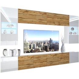 Wohnwand Vollausstattung Wohnzimmer-Set Moderne Schrankwand mit LED-Beleuchtung Anbauwand TV-Schrank Weiß/Eiche Wotan Top - Belini